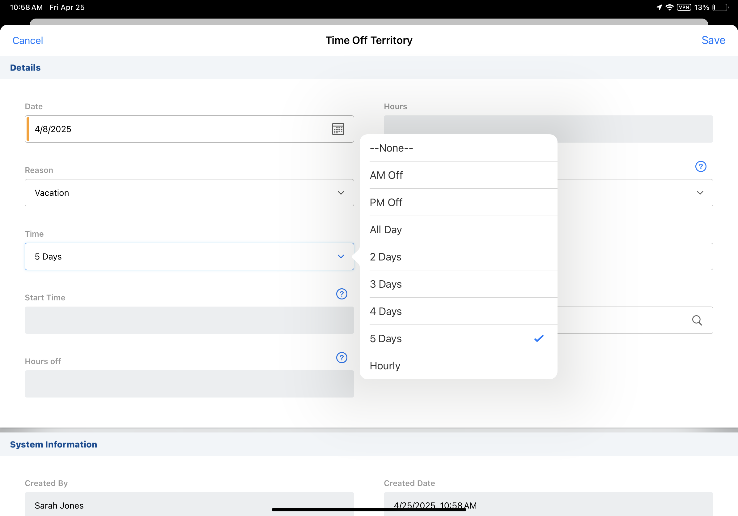 Creating Time Off Territory in My Schedule
