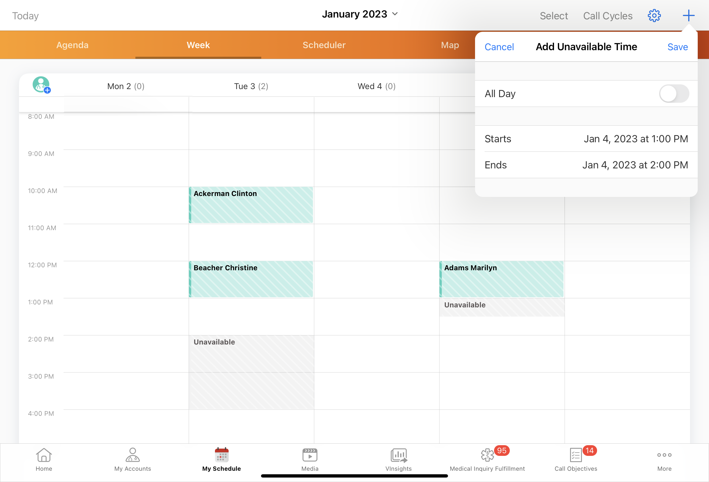 My Schedule 内での対応不可タイムスロットの作成